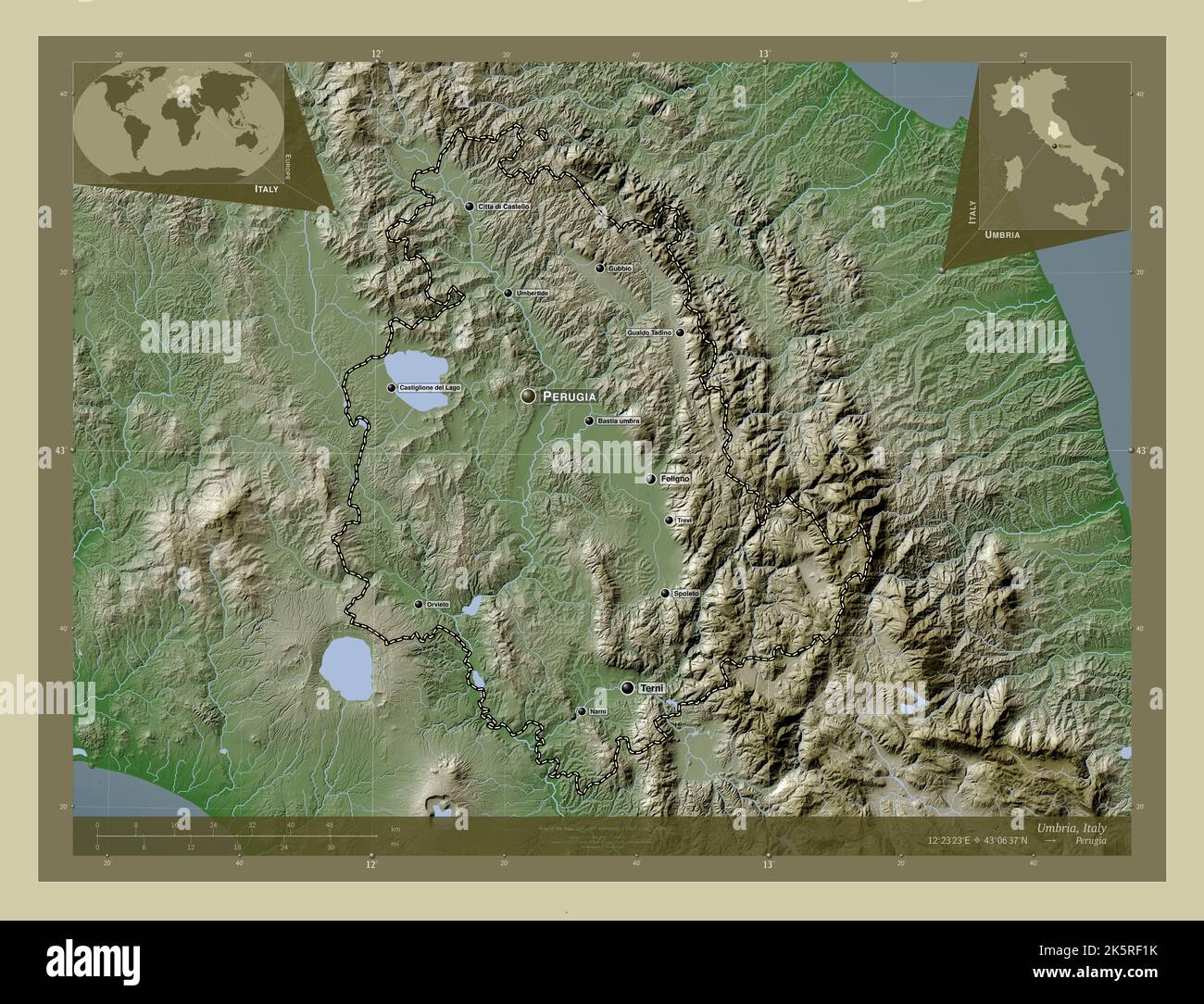 Umbria, region of Italy. Elevation map colored in wiki style with lakes ...