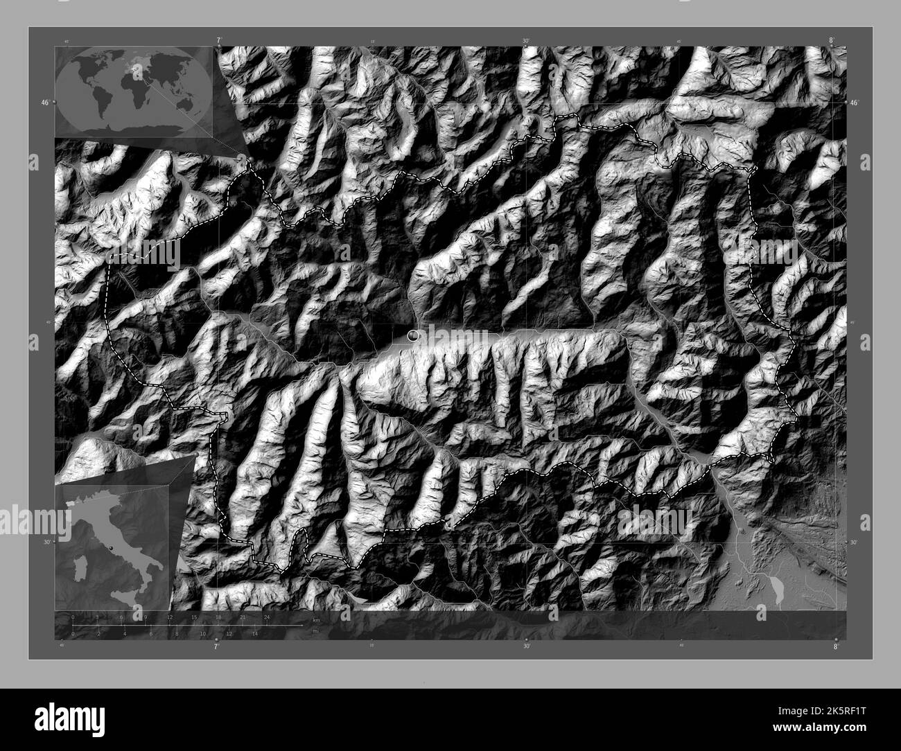 Valle d'Aosta, autonomous region of Italy. Bilevel elevation map with ...