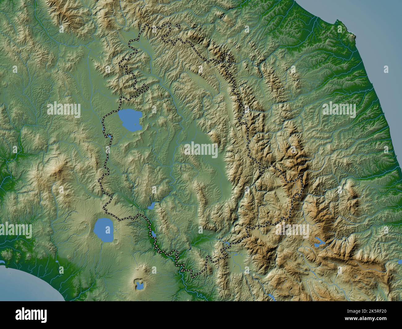 Umbria, region of Italy. Colored elevation map with lakes and rivers ...