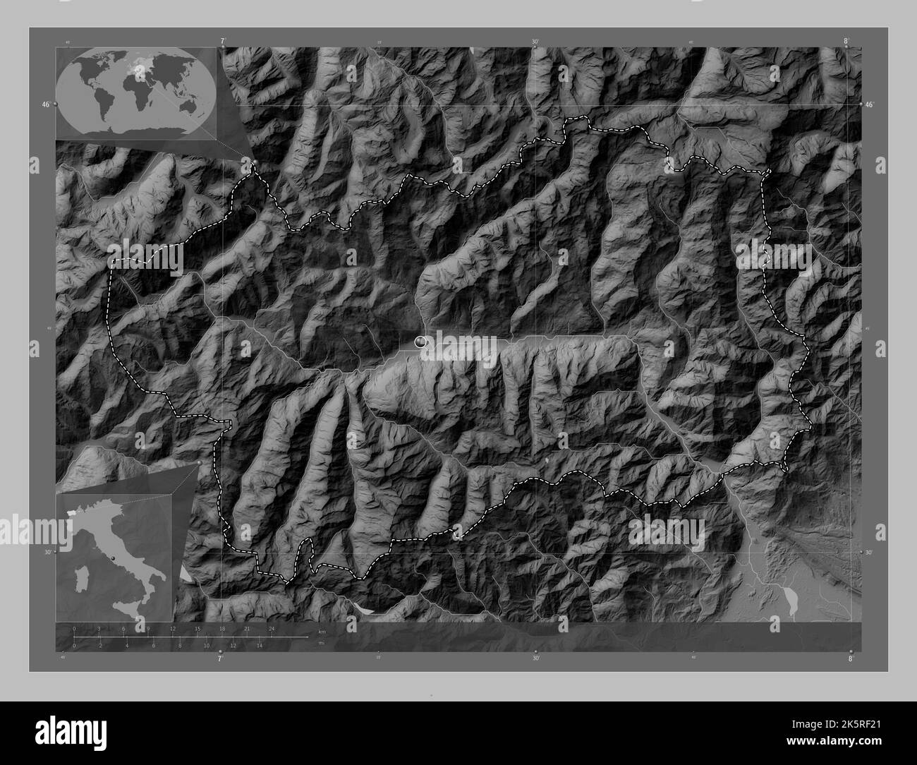Valle d'Aosta, autonomous region of Italy. Grayscale elevation map with ...