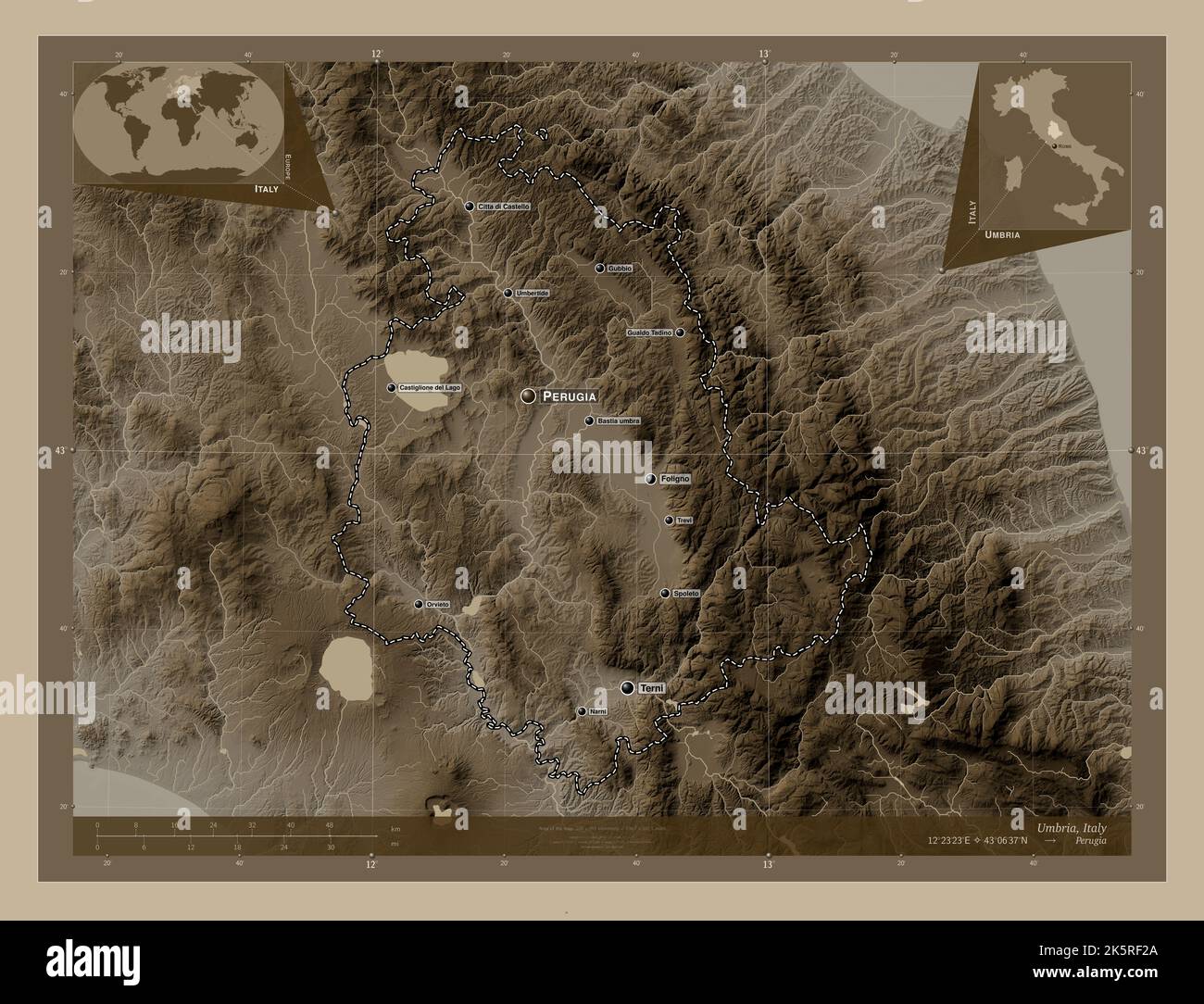 Umbria, region of Italy. Elevation map colored in sepia tones with ...