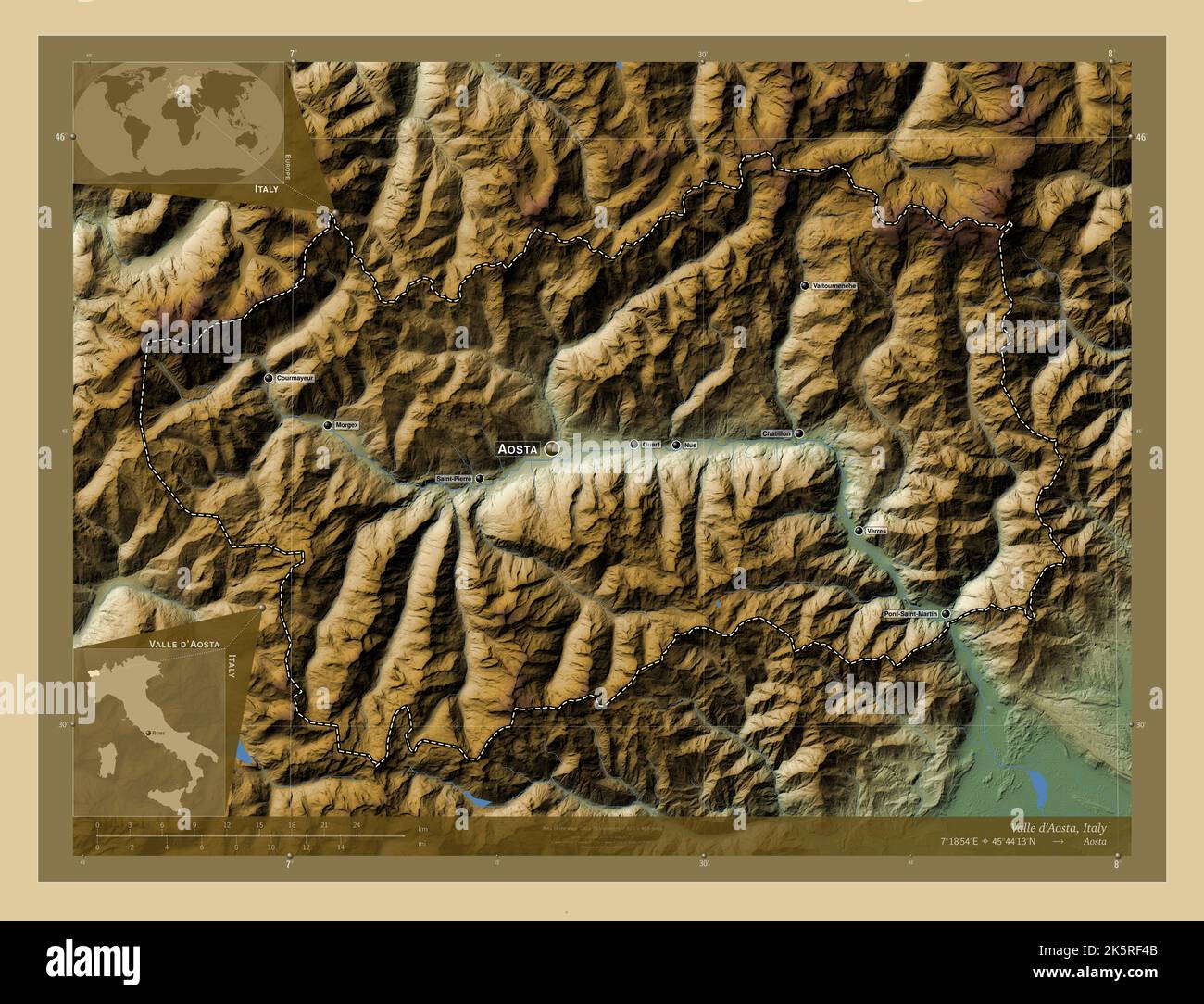 Valle d'Aosta, autonomous region of Italy. Colored elevation map with ...