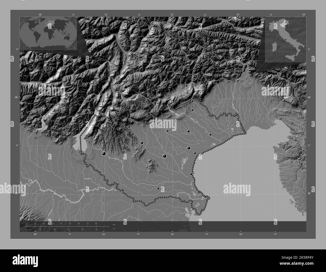 Veneto, region of Italy. Bilevel elevation map with lakes and rivers ...