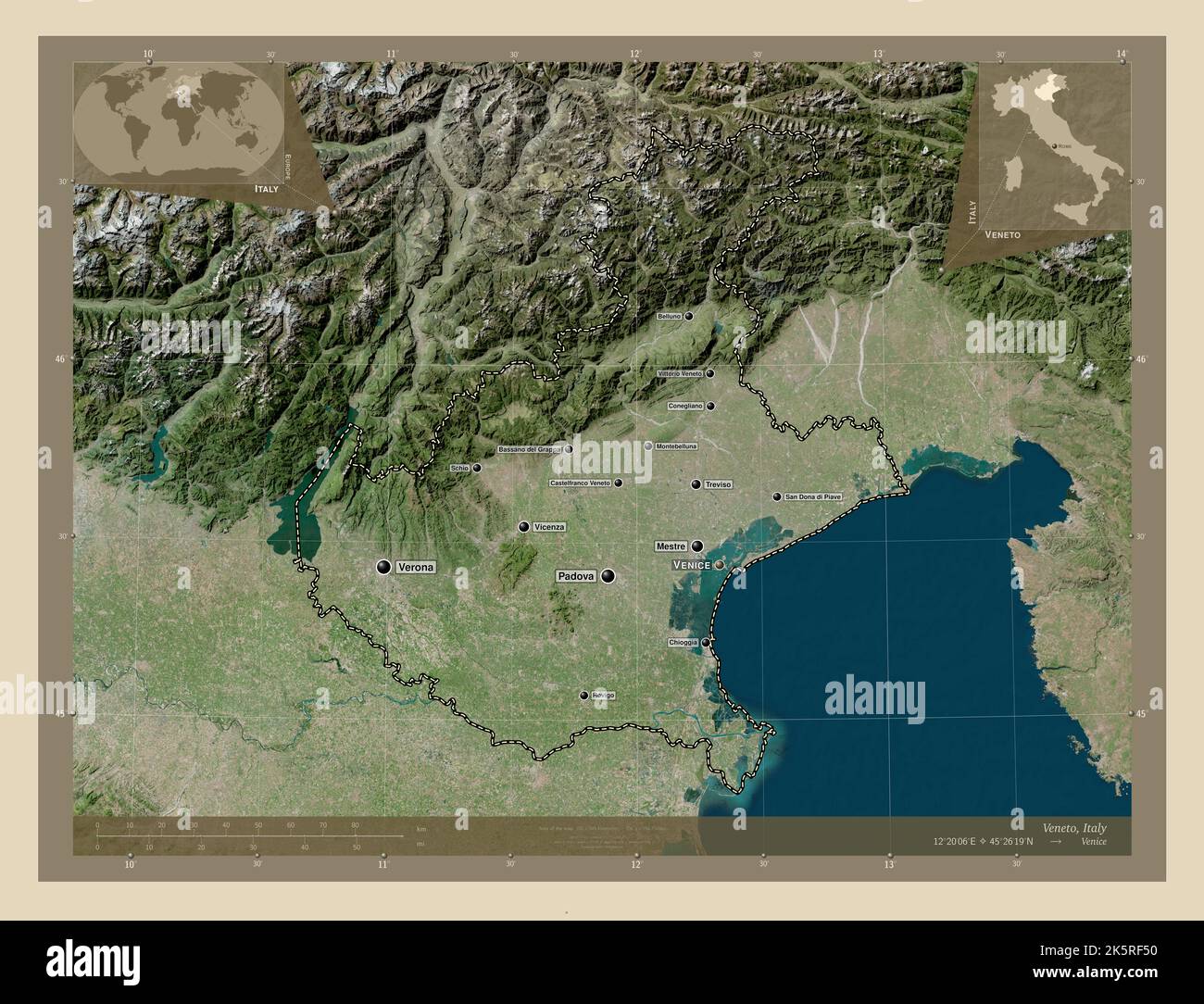 Veneto, region of Italy. High resolution satellite map. Locations and ...