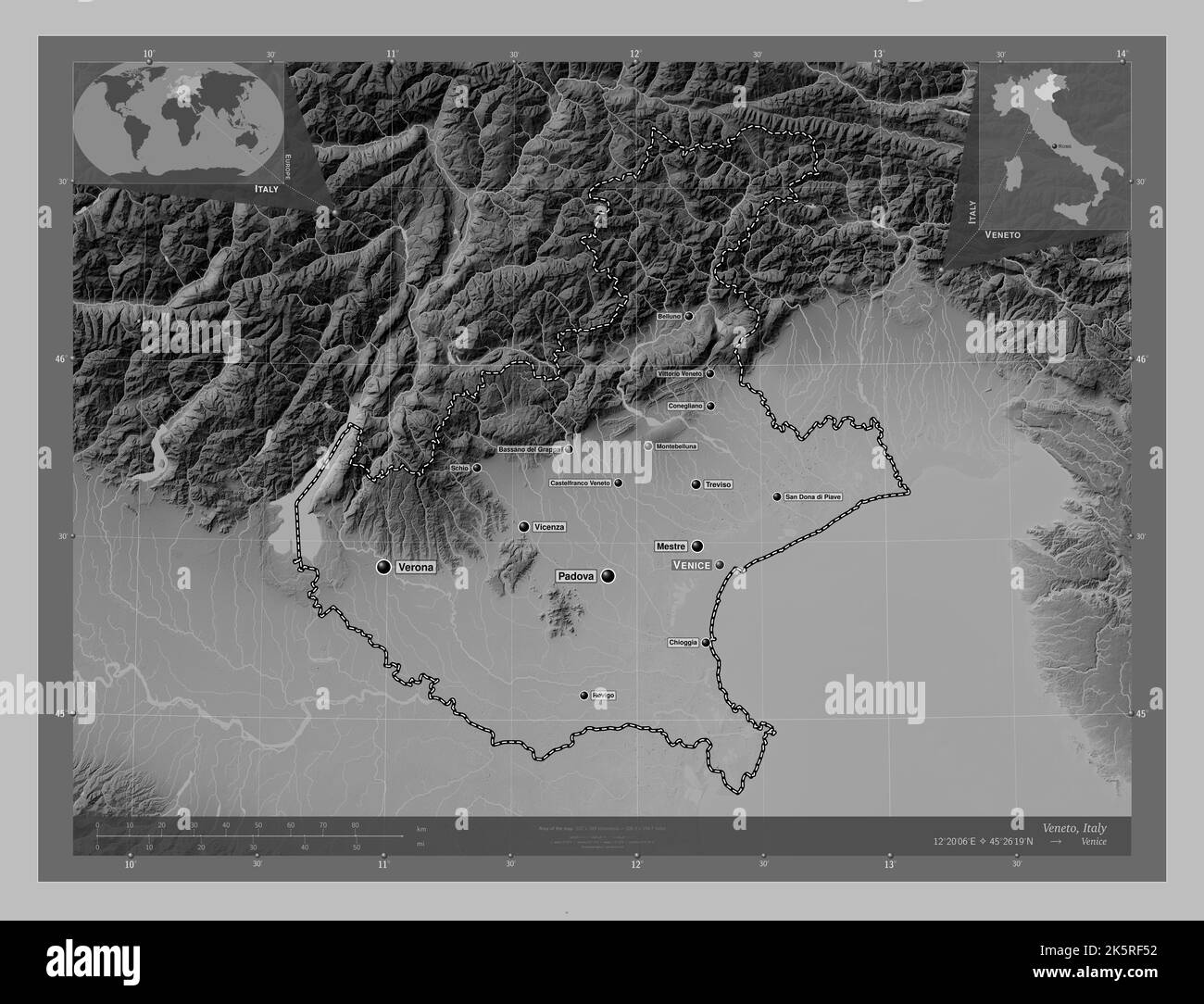 Veneto, region of Italy. Grayscale elevation map with lakes and rivers ...