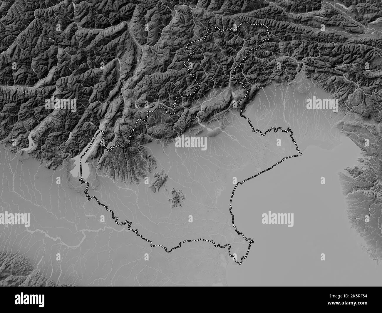 Veneto, region of Italy. Grayscale elevation map with lakes and rivers ...