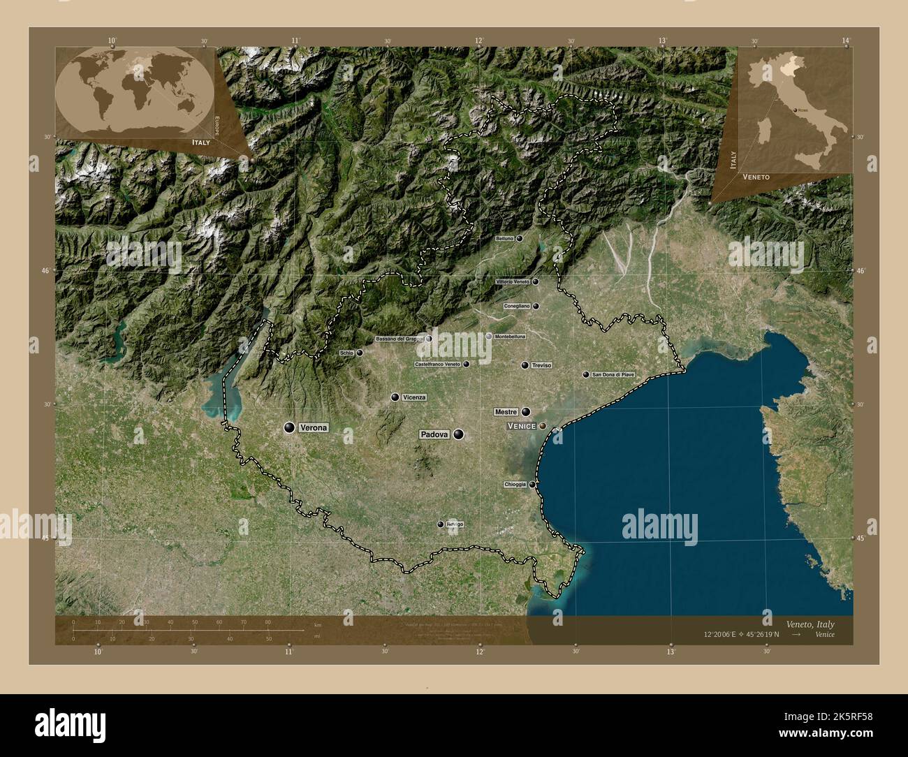 Veneto, region of Italy. Low resolution satellite map. Locations and ...