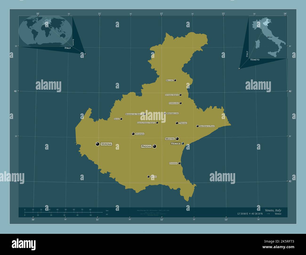 Veneto, region of Italy. Solid color shape. Locations and names of ...