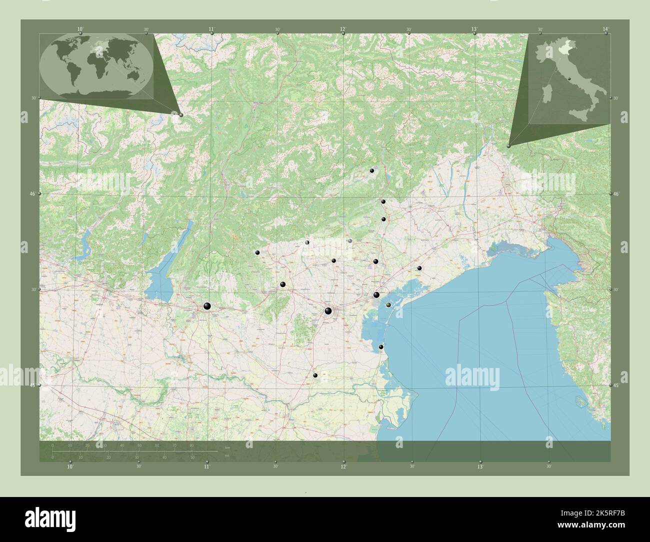 Veneto, region of Italy. Open Street Map. Locations of major cities of ...
