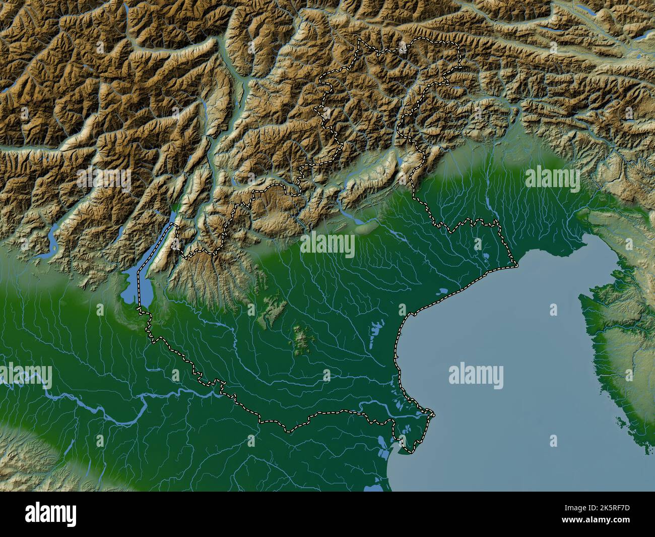 Veneto, region of Italy. Colored elevation map with lakes and rivers ...