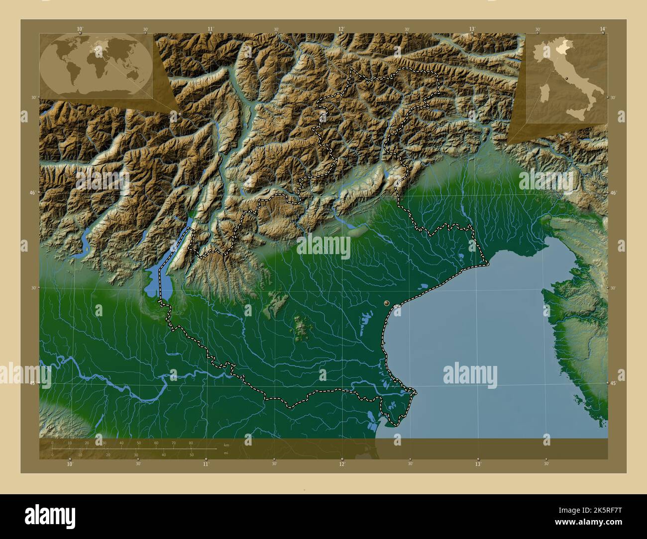 Veneto, region of Italy. Colored elevation map with lakes and rivers ...