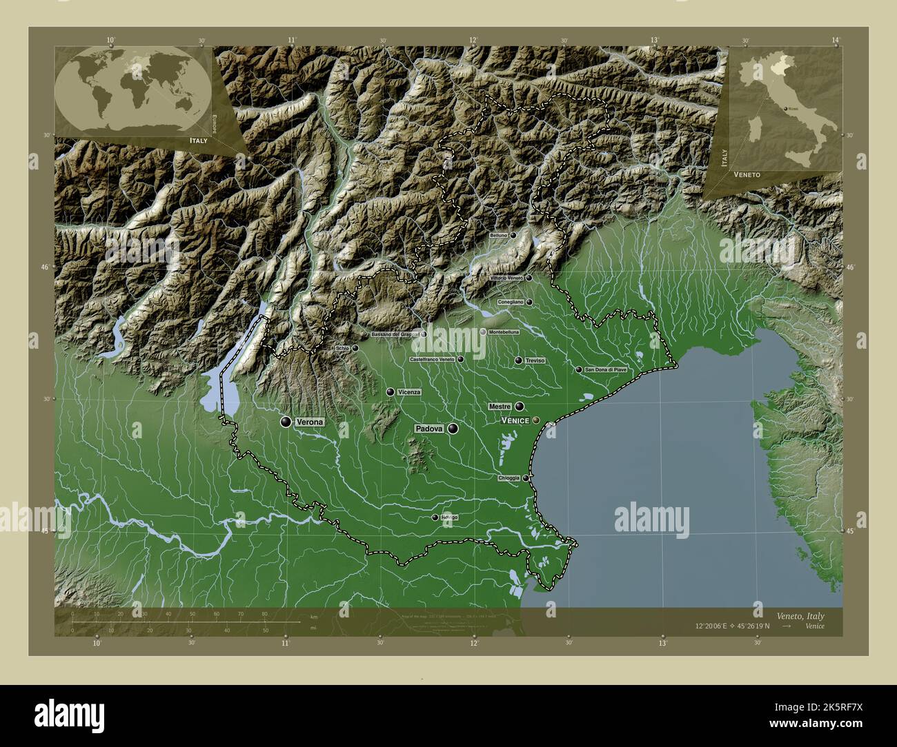 Veneto, region of Italy. Elevation map colored in wiki style with lakes ...