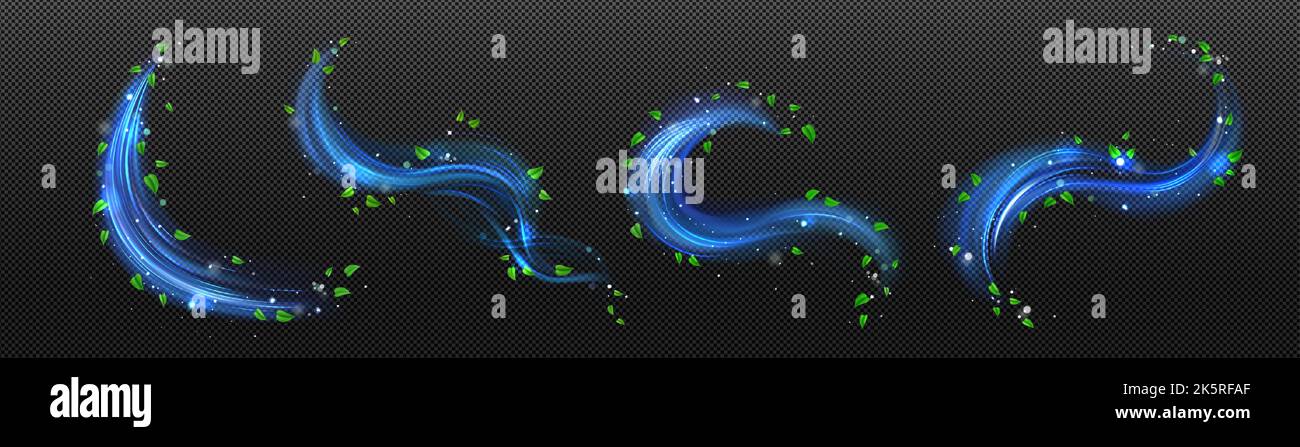 Freshness effect, blue air or wind flow with green leaves. Glow waves ...