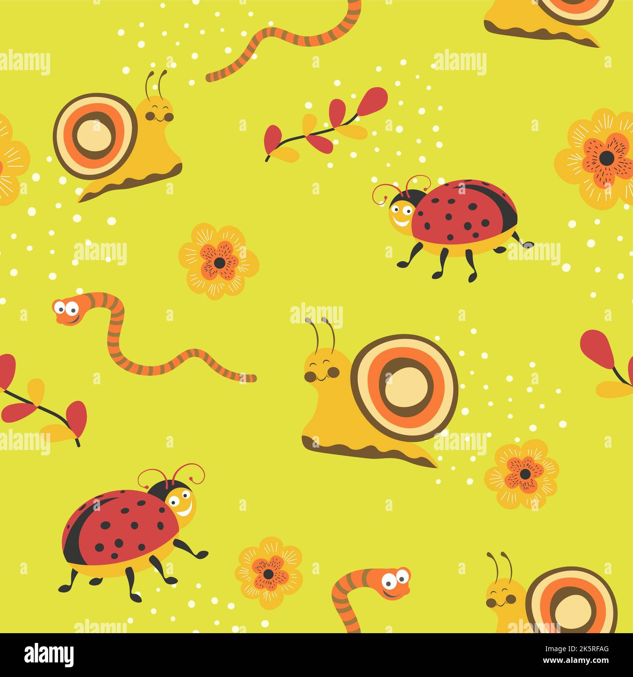 Insect seamless pattern, snail ladybug leaves Stock Vector Image & Art ...