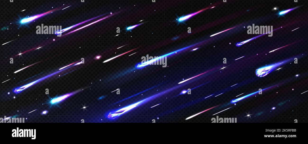 Meteor rain, asteroids or meteorites flying in sky. Glowing comets with ...