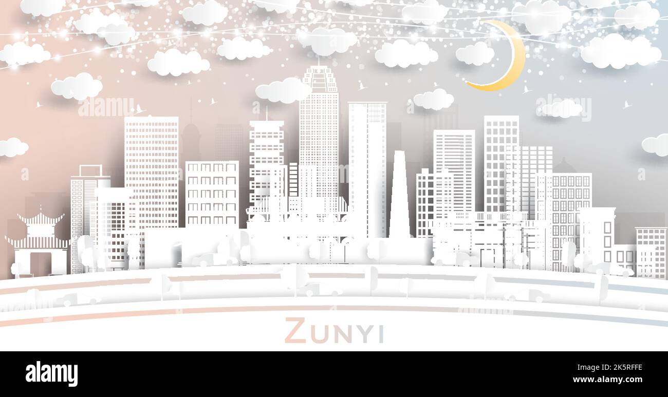 Zunyi China City Skyline in Paper Cut Style with White Buildings, Moon ...