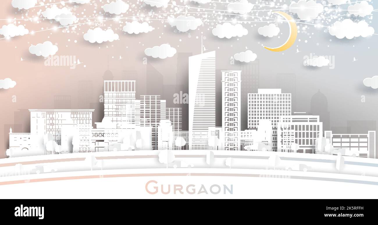 Gurgaon India City Skyline in Paper Cut Style with White Buildings ...