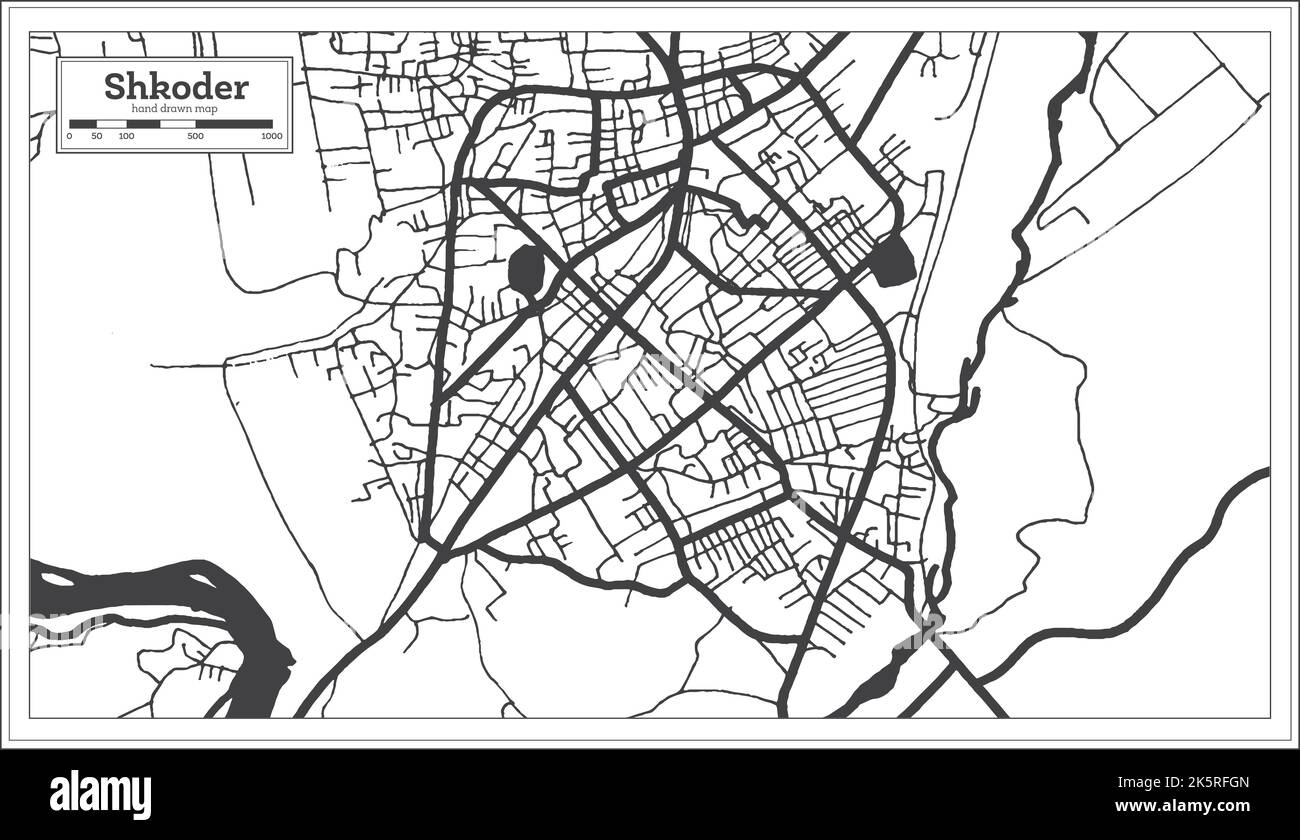 Shkoder Albania City Map in Black and White Color in Retro Style ...
