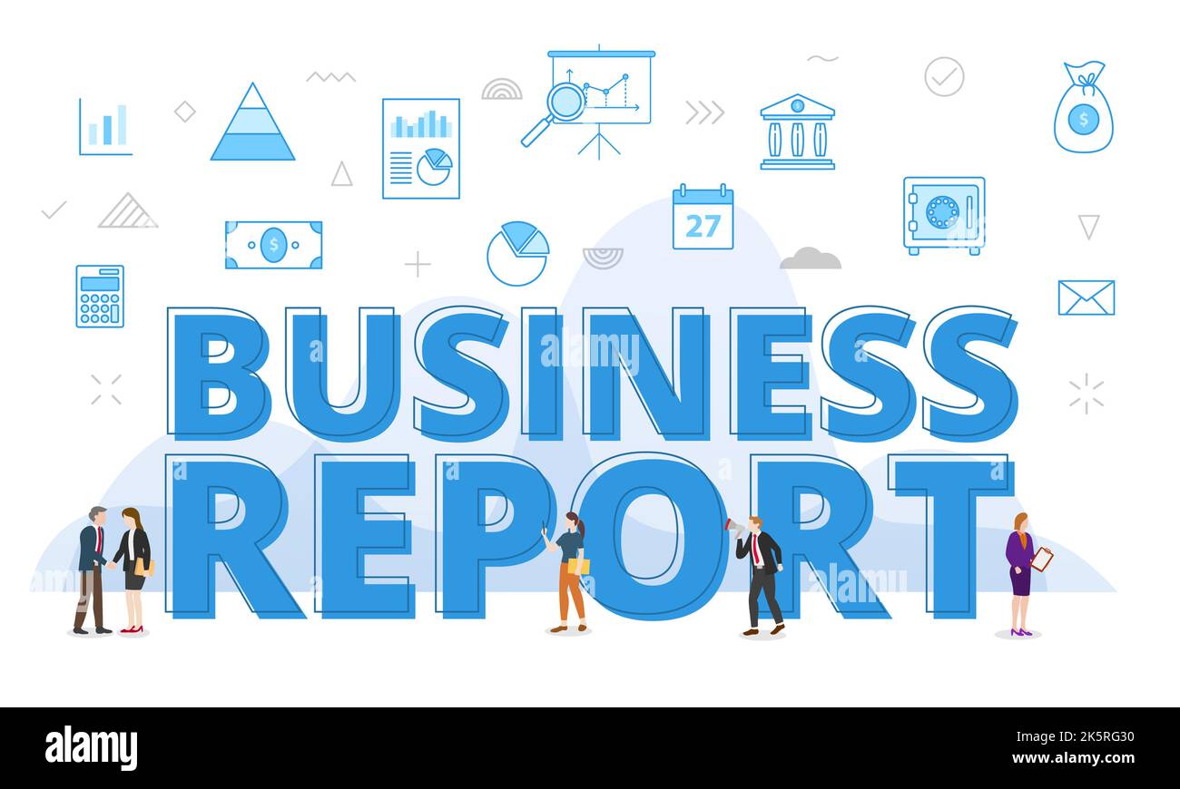 business report concept with big words and people surrounded by related ...