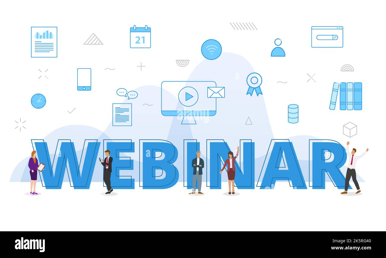 webinar concept with big words and people surrounded by related icon ...