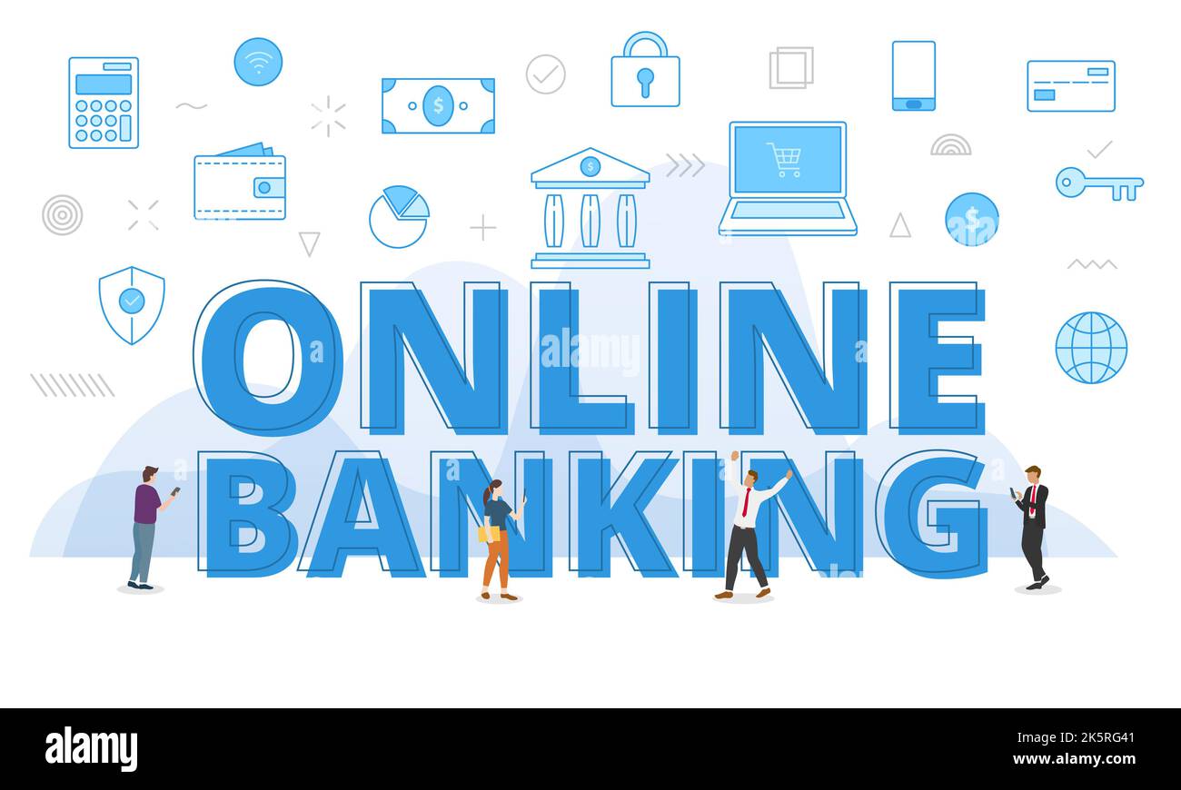 online banking concept with big words and people surrounded by related ...