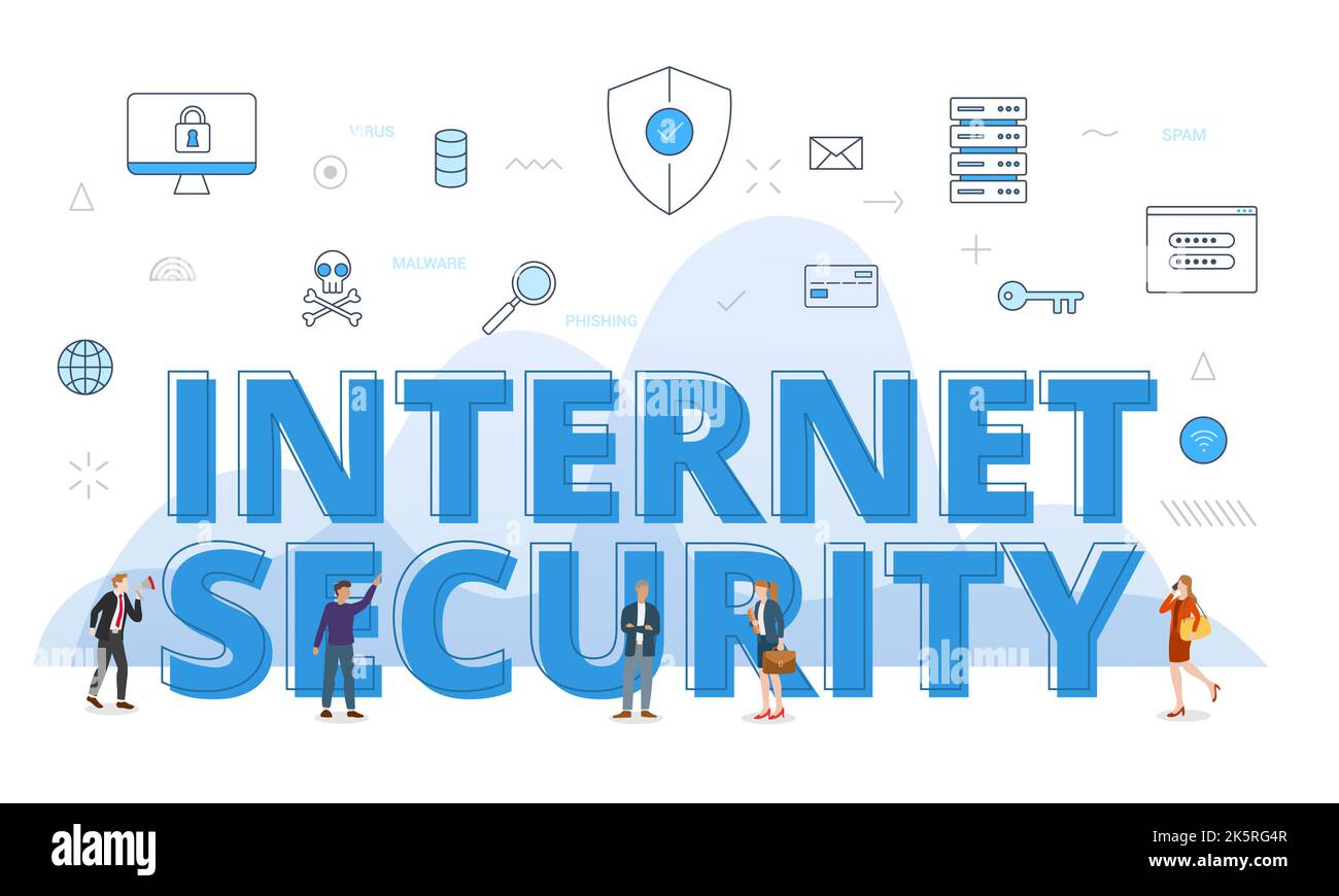 internet security concept with big words and people surrounded by ...