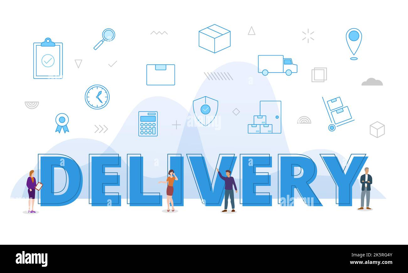 delivery shipping business concept with big words and people surrounded ...