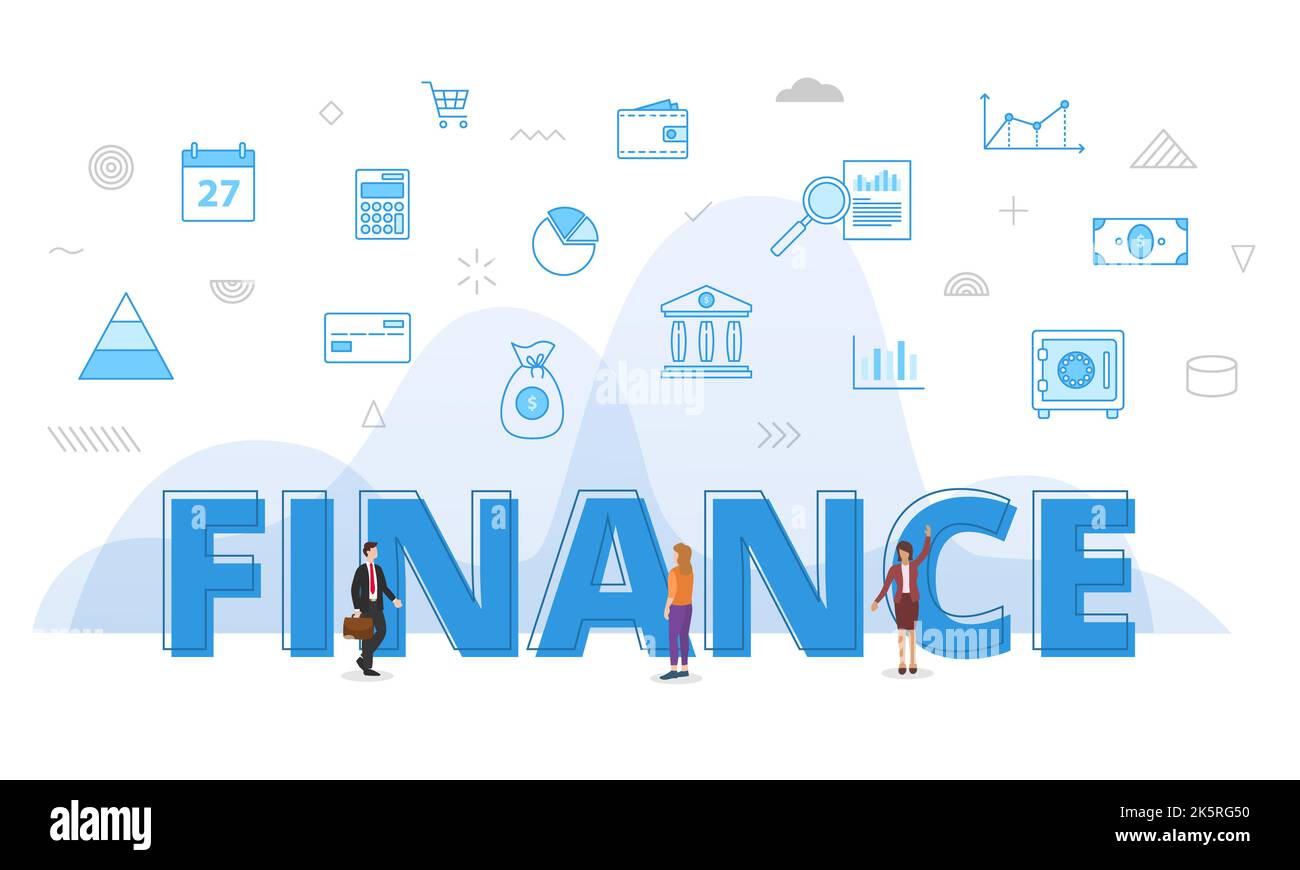 business finance concept with big words and people surrounded by ...