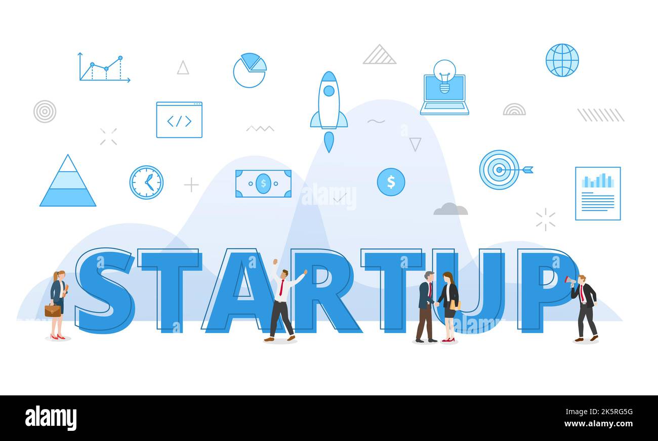startup business concept with big words and people surrounded by ...