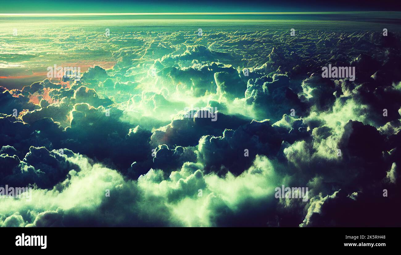 An over the clouds airplane view, cloudscape with sunlight rays Stock ...