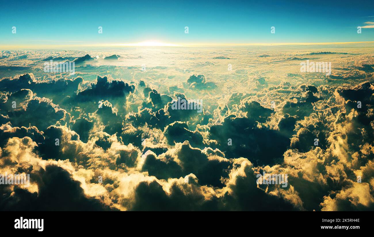 An over the clouds airplane view, cloudscape with sunlight rays Stock ...