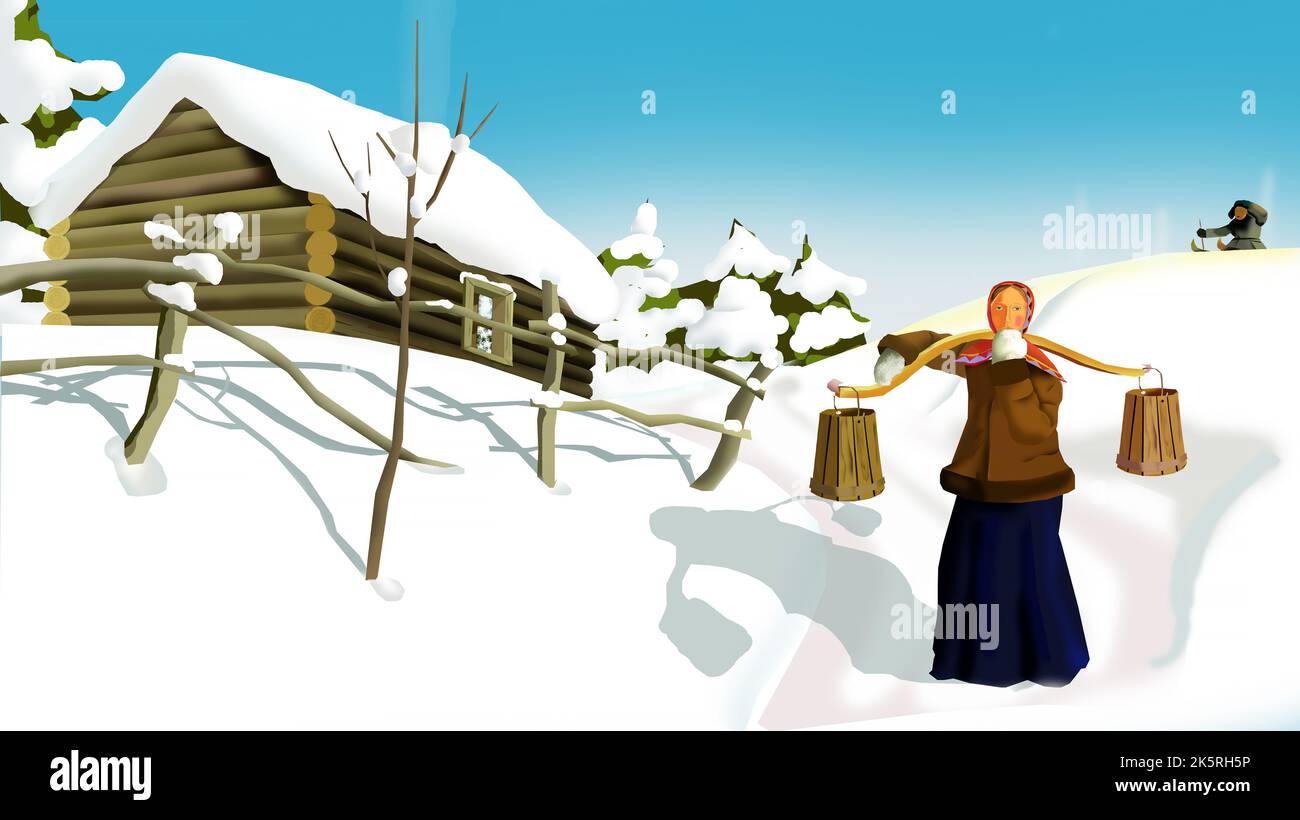 Country Girl carrying water with a yoke in the village on a winter day ...