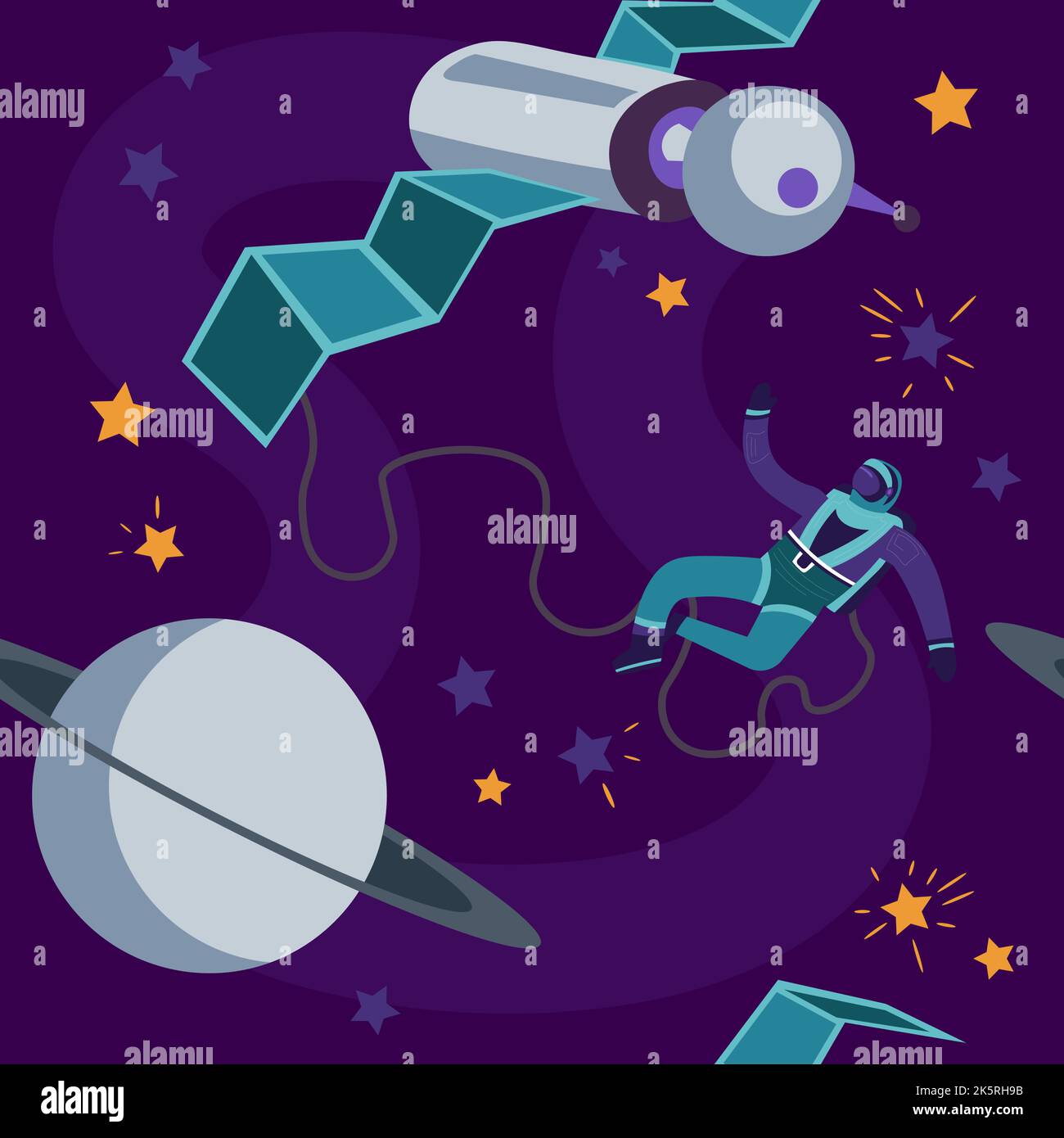 Cosmonaut floating in space, satellite and planet Stock Vector Image ...