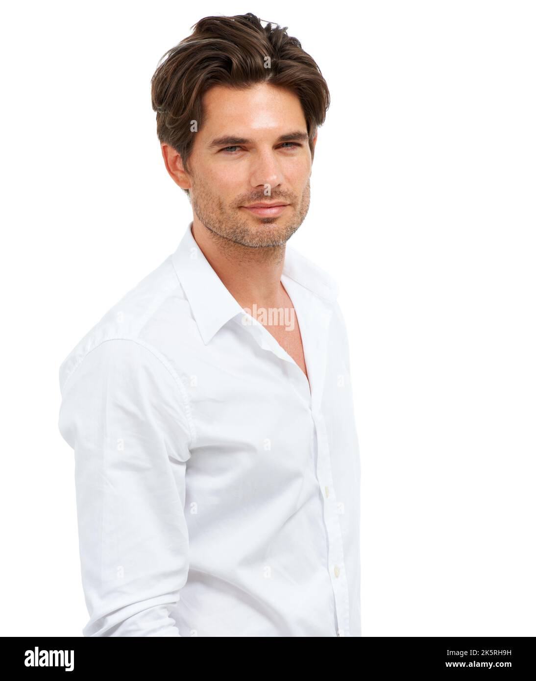 Smouldering look. Studio portrait of a handsome man isolated on white ...