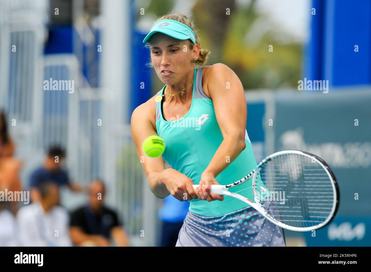 Monastir, Tunisia. 9th Oct, 2022. Elise Mertens of Belgium hits a ...