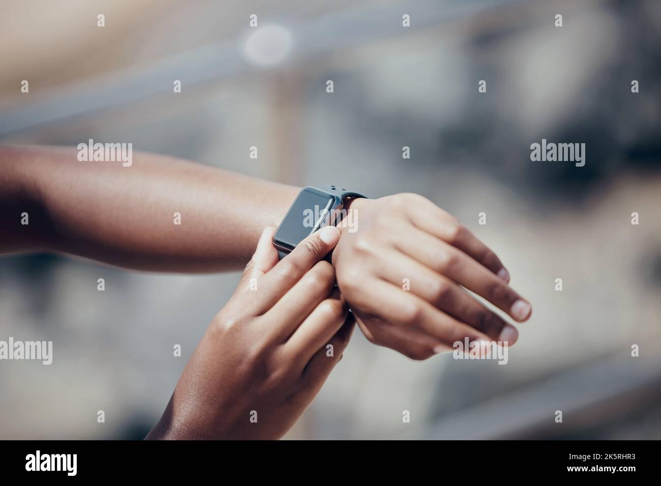 Fitness, woman arm and smart watch time for marathon running, exercise ...