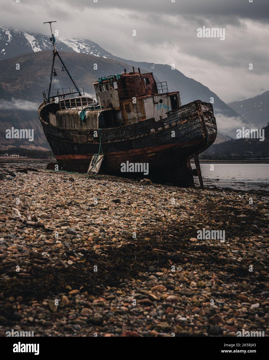 A vertical of an old boat of Caol, Corpach Shipwreck in the Scottish ...