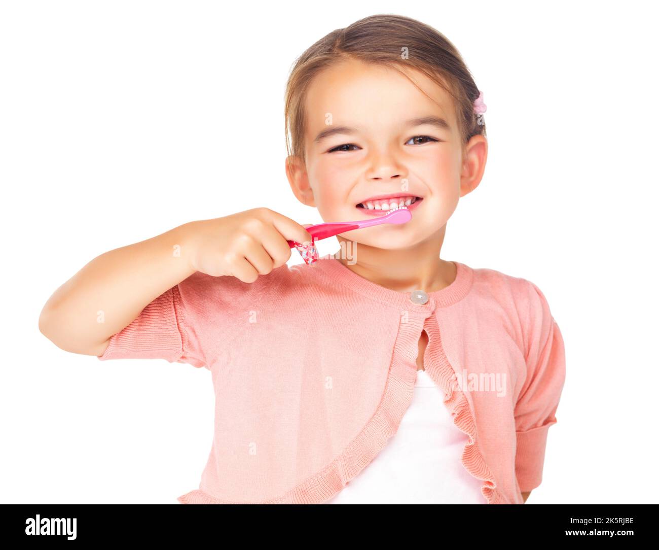 I love taking care of my teeth. Portrait of happy little girl brushing ...