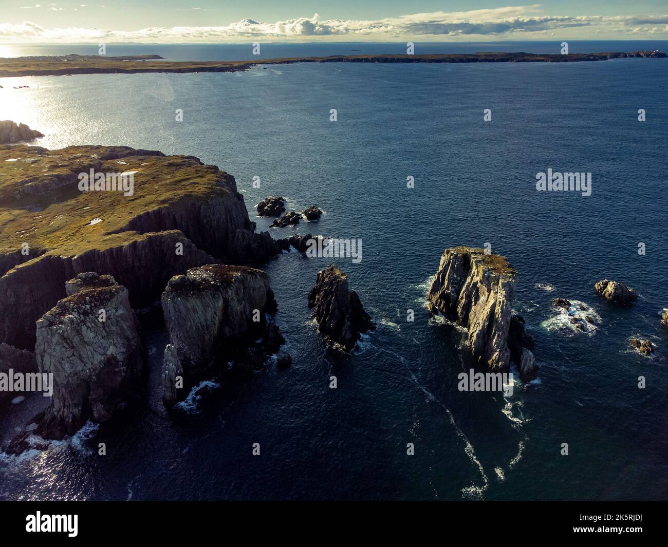 Aerial Newfoundland high cliffs on the East coast of the Bonavista ...