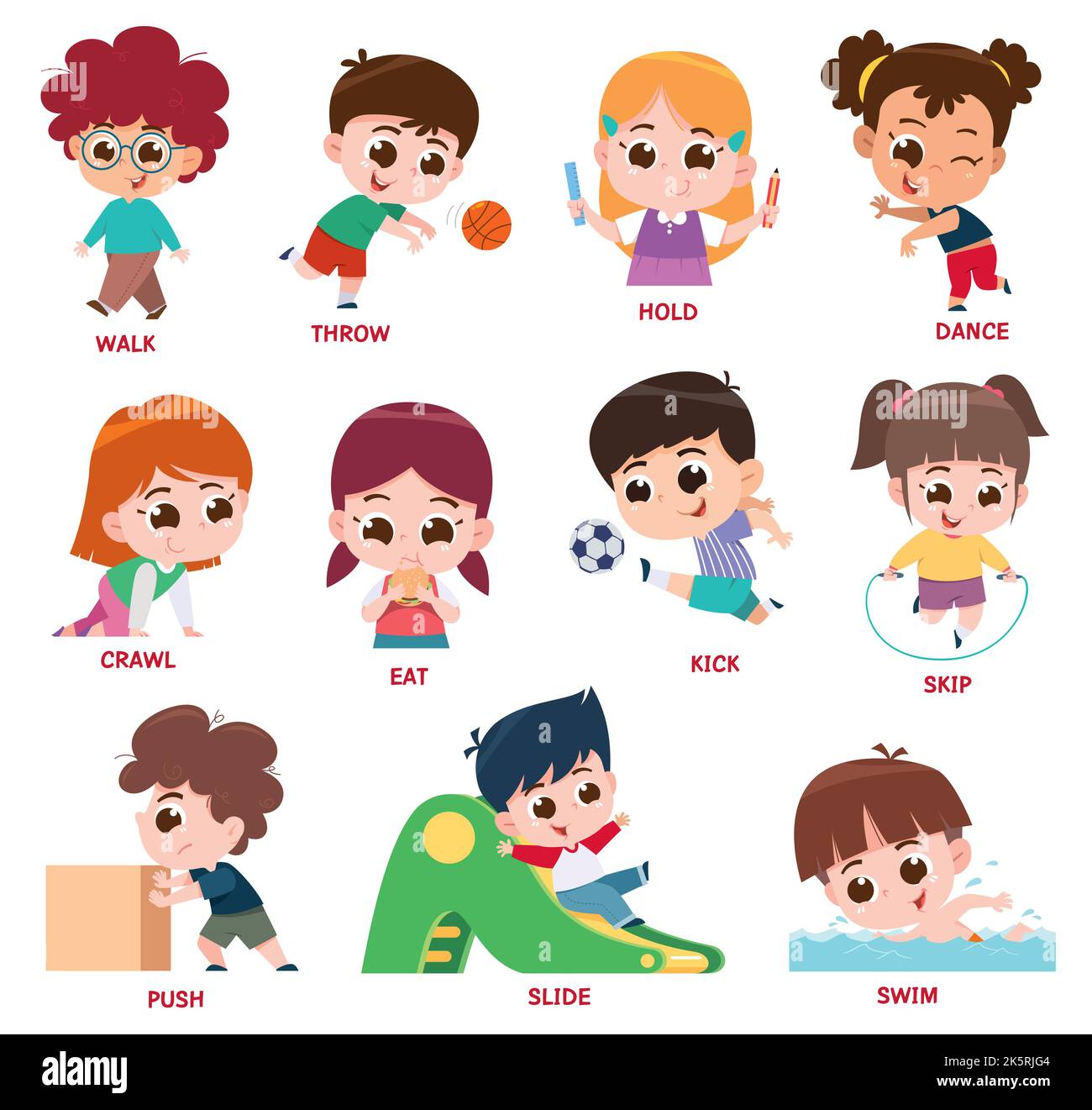 Vector Illustration of Verbs Expressing Actions Set.Cartoon kids ...