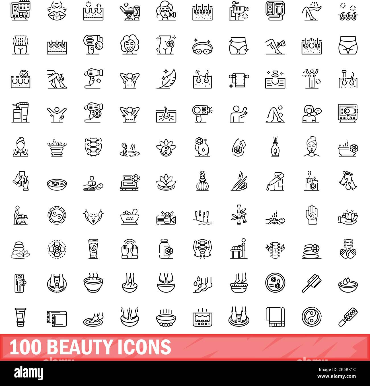100 beauty icons set. Outline illustration of 100 beauty icons vector ...