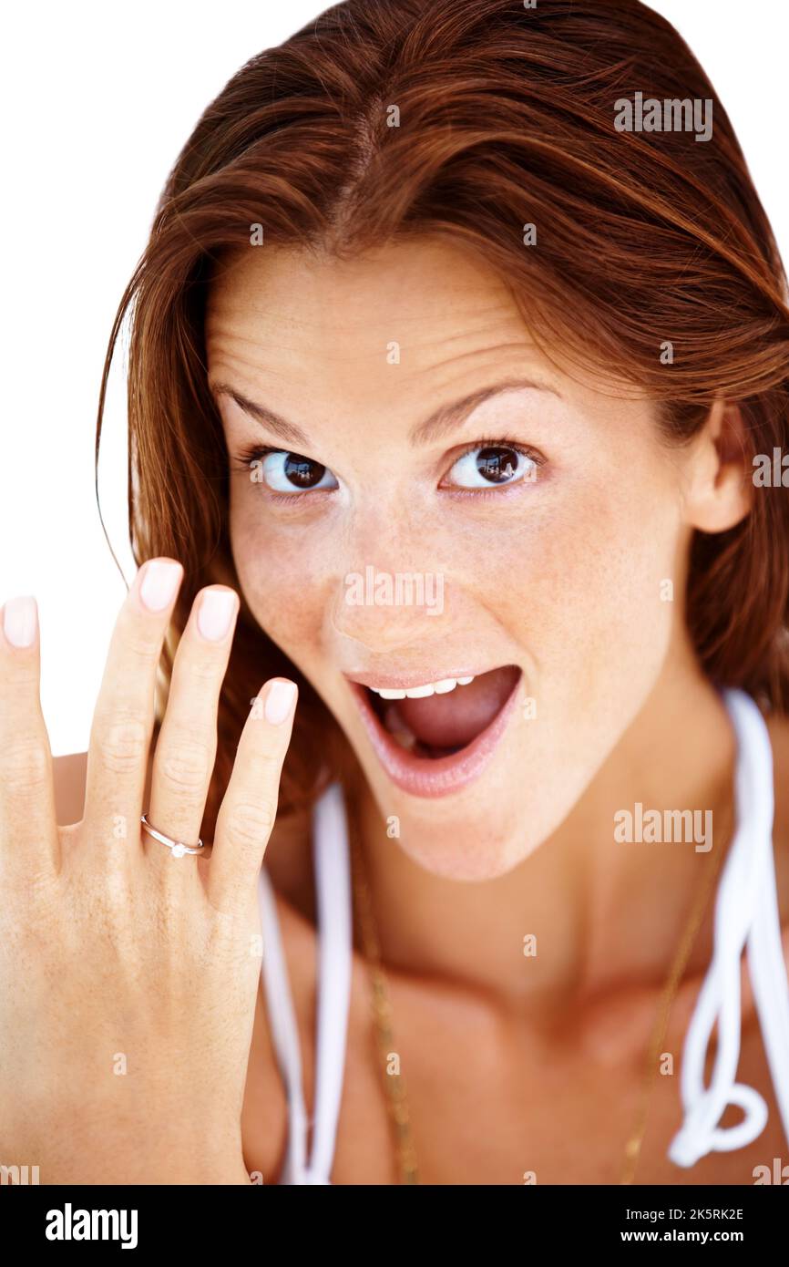 Beautiful woman showing her engagement ring. Closeup portrait of ...