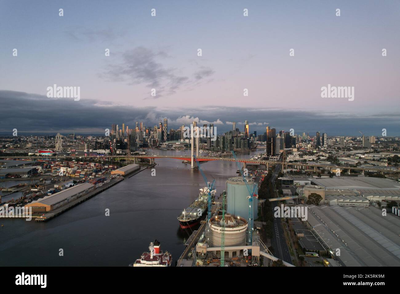 An aerial view of the Bolte bridge on the Yarra river in Melbourne ...