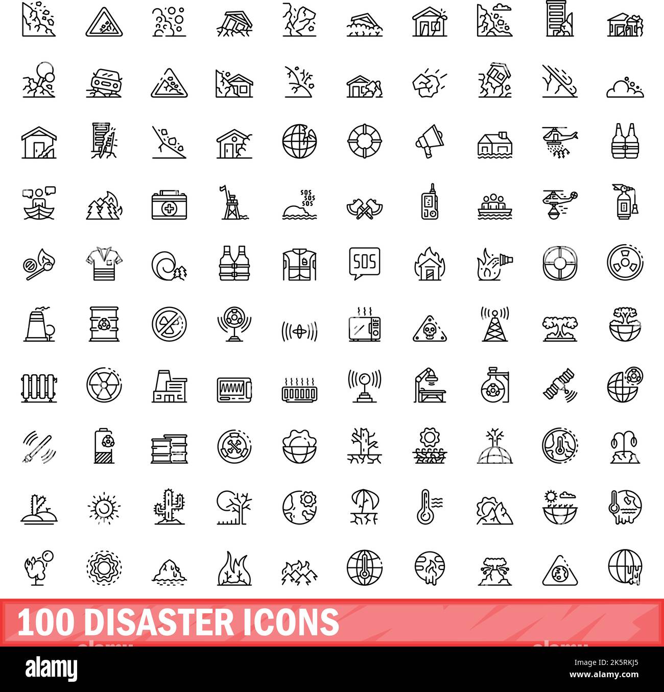 100 disaster icons set. Outline illustration of 100 disaster icons ...