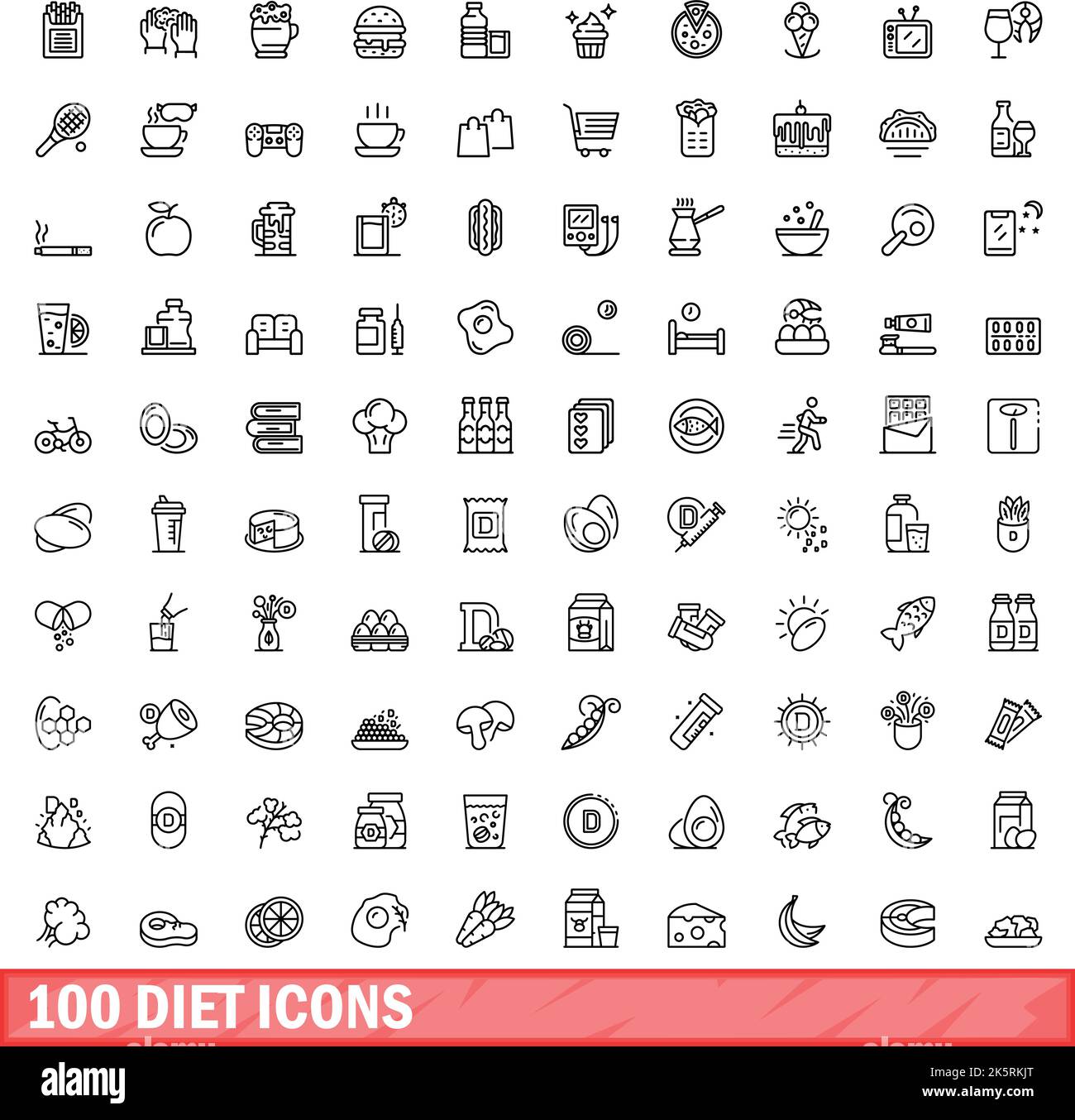100 diet icons set. Outline illustration of 100 diet icons vector set ...