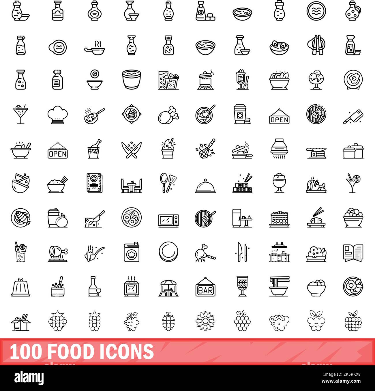 100 food icons set. Outline illustration of 100 food icons vector set ...