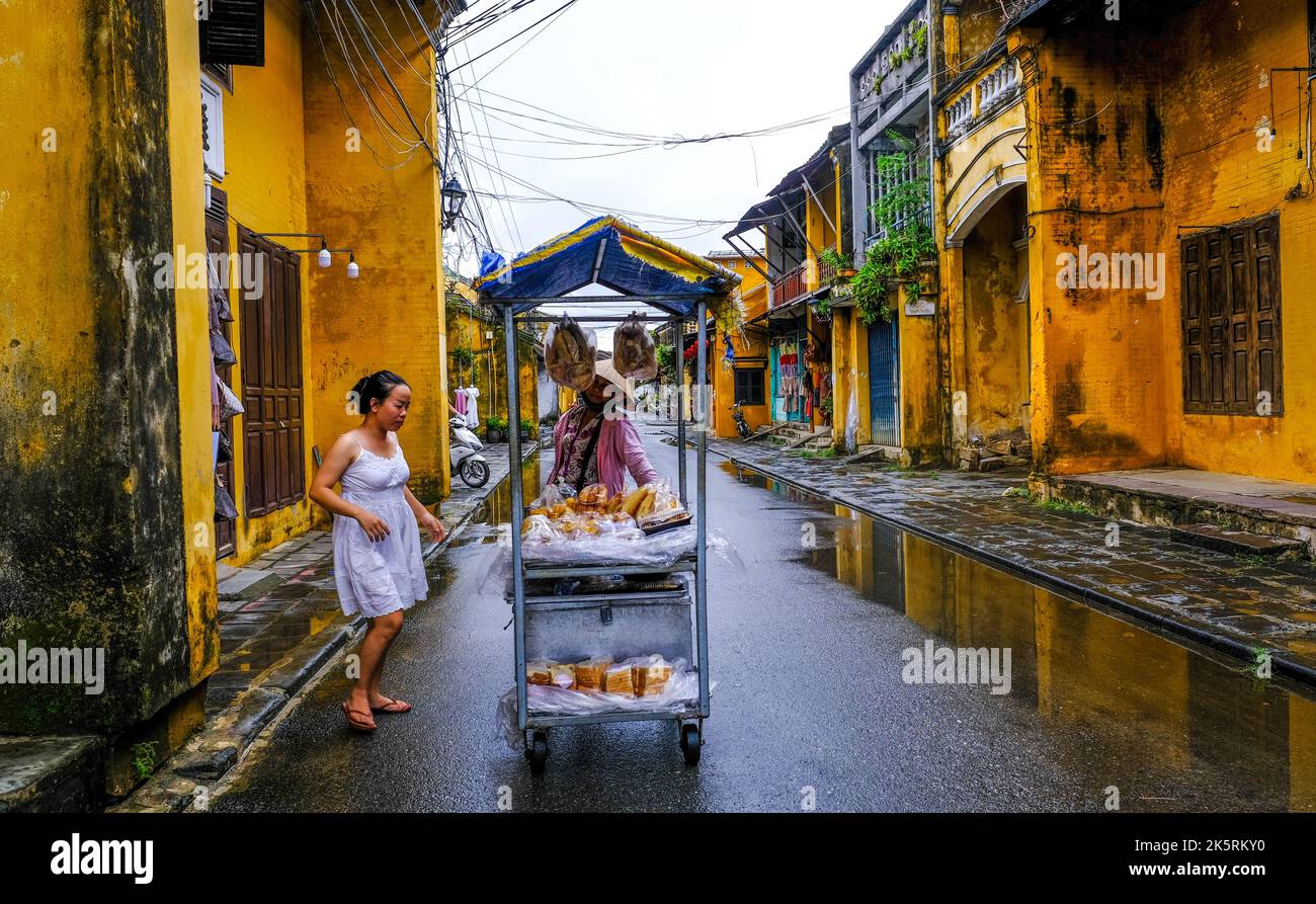 A female Vietnamese vendor sells her wares from her food cart in the ...