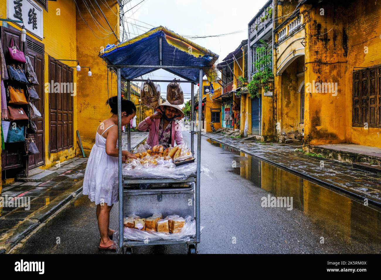 A female Vietnamese vendor sells her wares from her food cart in the ...