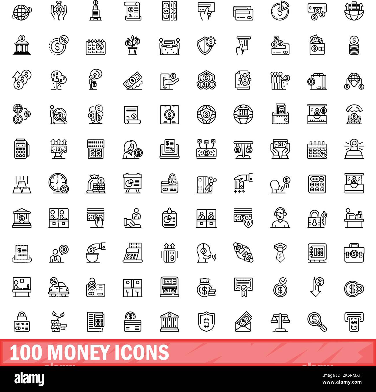 100 money icons set. Outline illustration of 100 money icons vector set ...