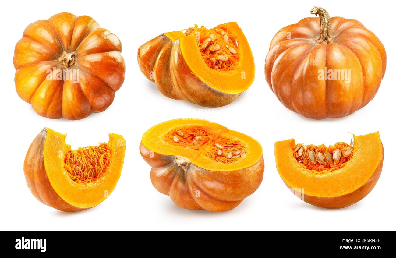 Orange round pumpkins,pumpkin slices with pumpkin seeds isolated on ...